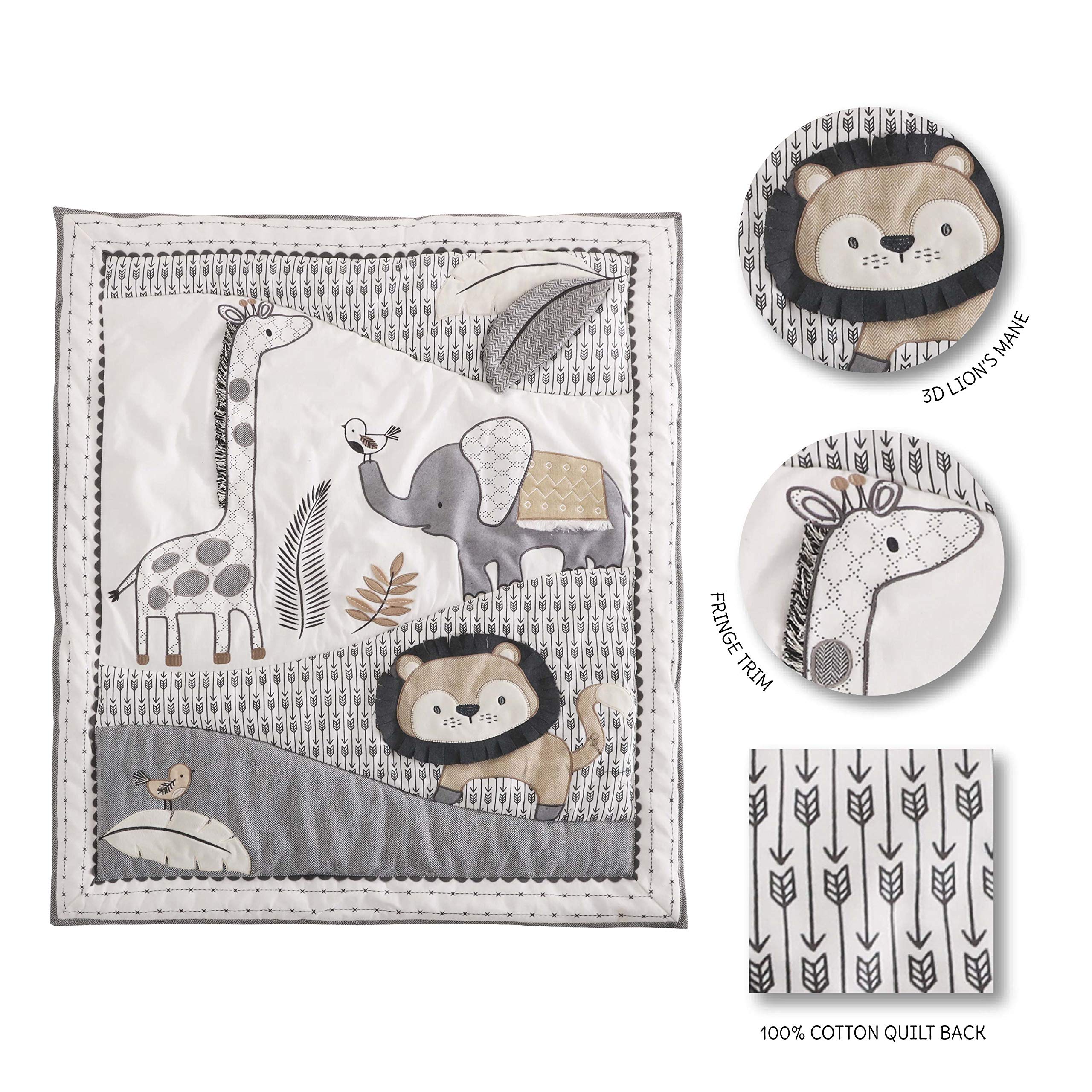 Levtex Baby - Tanzania Crib Set - Baby Nursery Set - Charcoal Cream Tan - Jungle - Giraffe Lion Elephant - 5 Piece Set Includes Quilt, Fitted Sheet, Diaper Stacker, Wall Decal & Bed Skirt/Dust Ruffle
