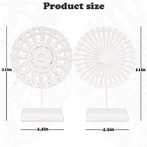 AXEARTE Wooden Carved Cutout Sector Medallion Sculpture 2 Pack, Rustic Distressed White MDF Statues Home Tabletop Decor, Decorative Ornaments for Living Room, Bedroom, Office Desktop, Cabinets