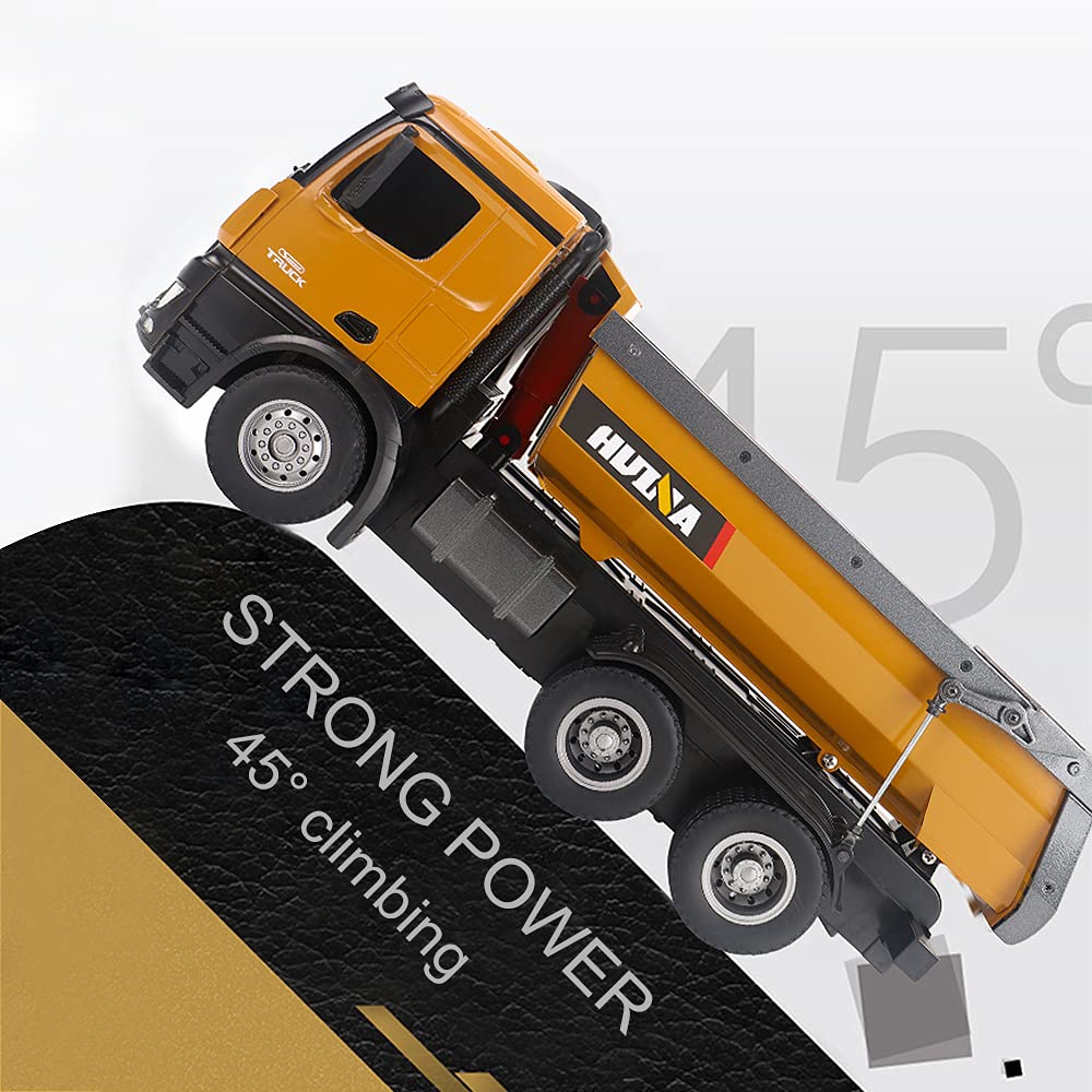 Fistone RC Dump Truck 1/14 Scale 10 Channel Alloy Die-cast 2.4G Remote Control Construction Vehicles Toys with Lights for Kids and Adults