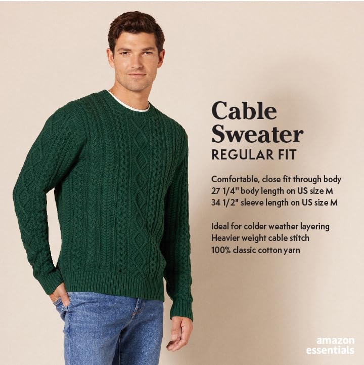 Amazon Essentials Men's Long-Sleeve 100% Cotton Fisherman Cable Crewneck Sweater, Off-white, X-Large