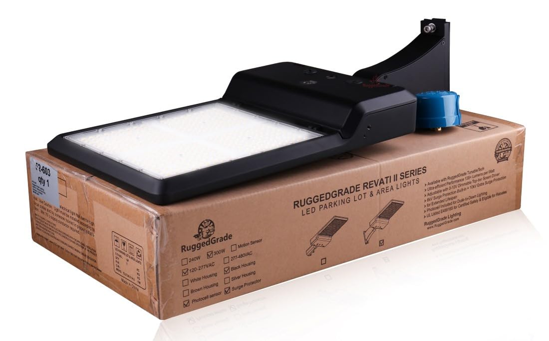 RuggedGrade 300W - Revati II Series LED Parking Lot Light with Photocell - 43,200 Lumen - Color Selectable 3K/4K/5K - Arm Mount - Black