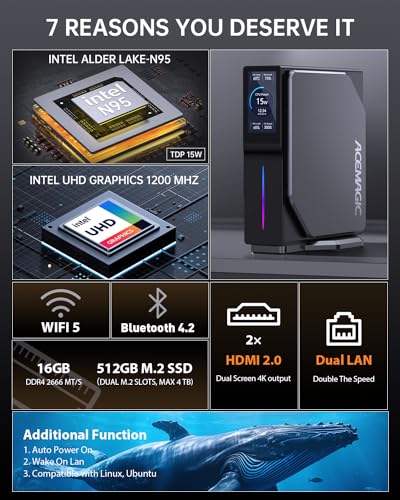 ACEMAGIC S1 Mini PC with DIY LCD Screen, Alder Lake N95 (up to 3.4GHz), 16GB DDR4 512GB M.2 SSD Mini Tower PC, WiFi 5/BT 4.2/4K UHD/Dual LAN