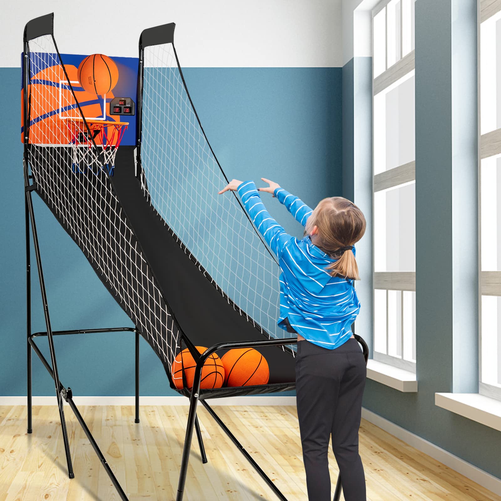 Giantex Foldable Electronic Arcade Basketball Game, with Electronic Scorer, Buzzer, 3 Basketballs, Pump, Indoor Single Shot Basketball Game for Adults, Kids