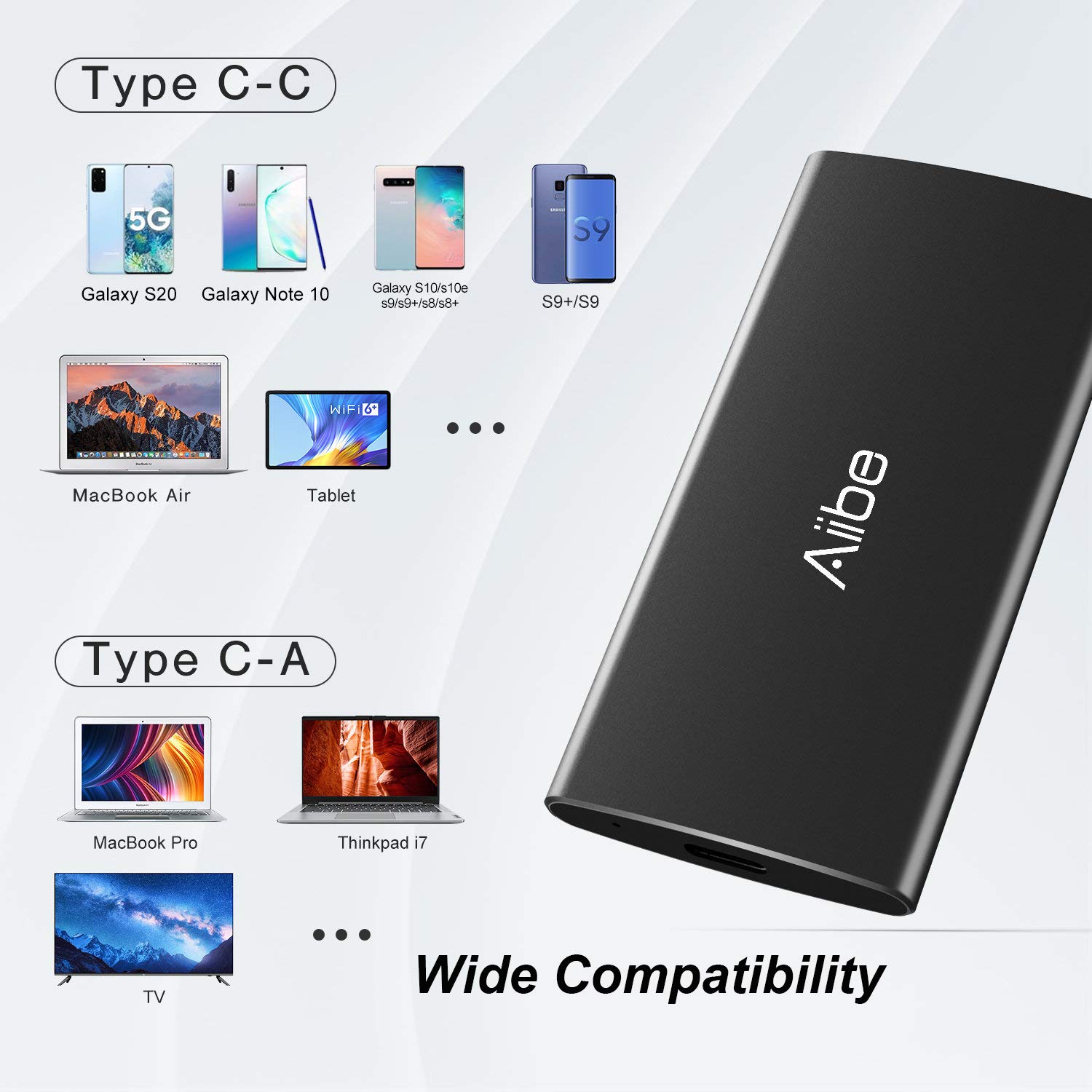 Aiibe External Portable SSD 500GB - Up to 500MB/s - USB-C, USB 3.1 External Solid State Drive 500GB 500G USB SSD Drive for PC Laptop, Mac, Xbox and PS4 - Black