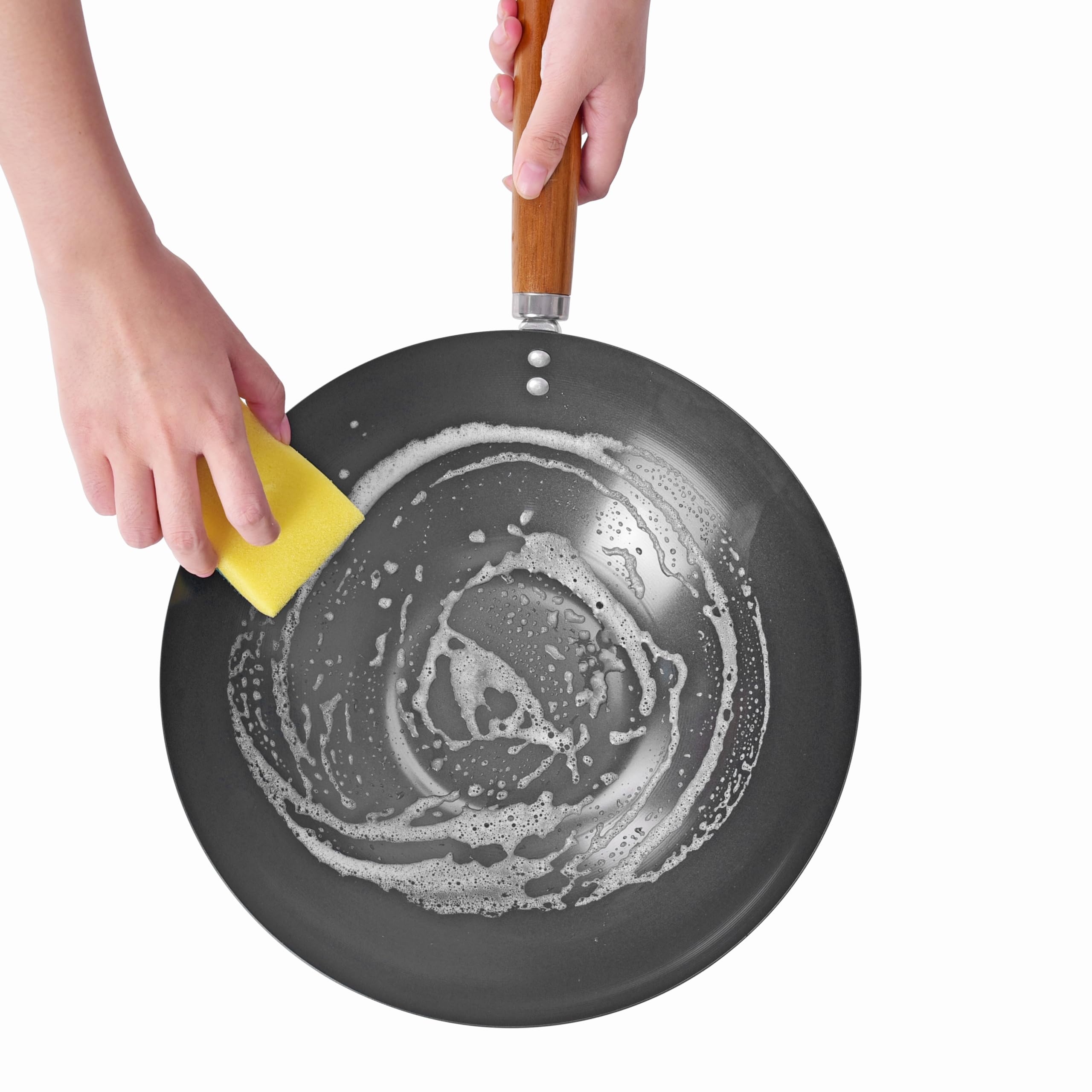 Commercial CHEF 12" Carbon Steel Wok with Acacia Wood Handle, Non Stick Stir Fry Pan with Ceramic Coating, Safe for Any Cooktop or Grill, Lighter and Cools Faster than Cast Iron
