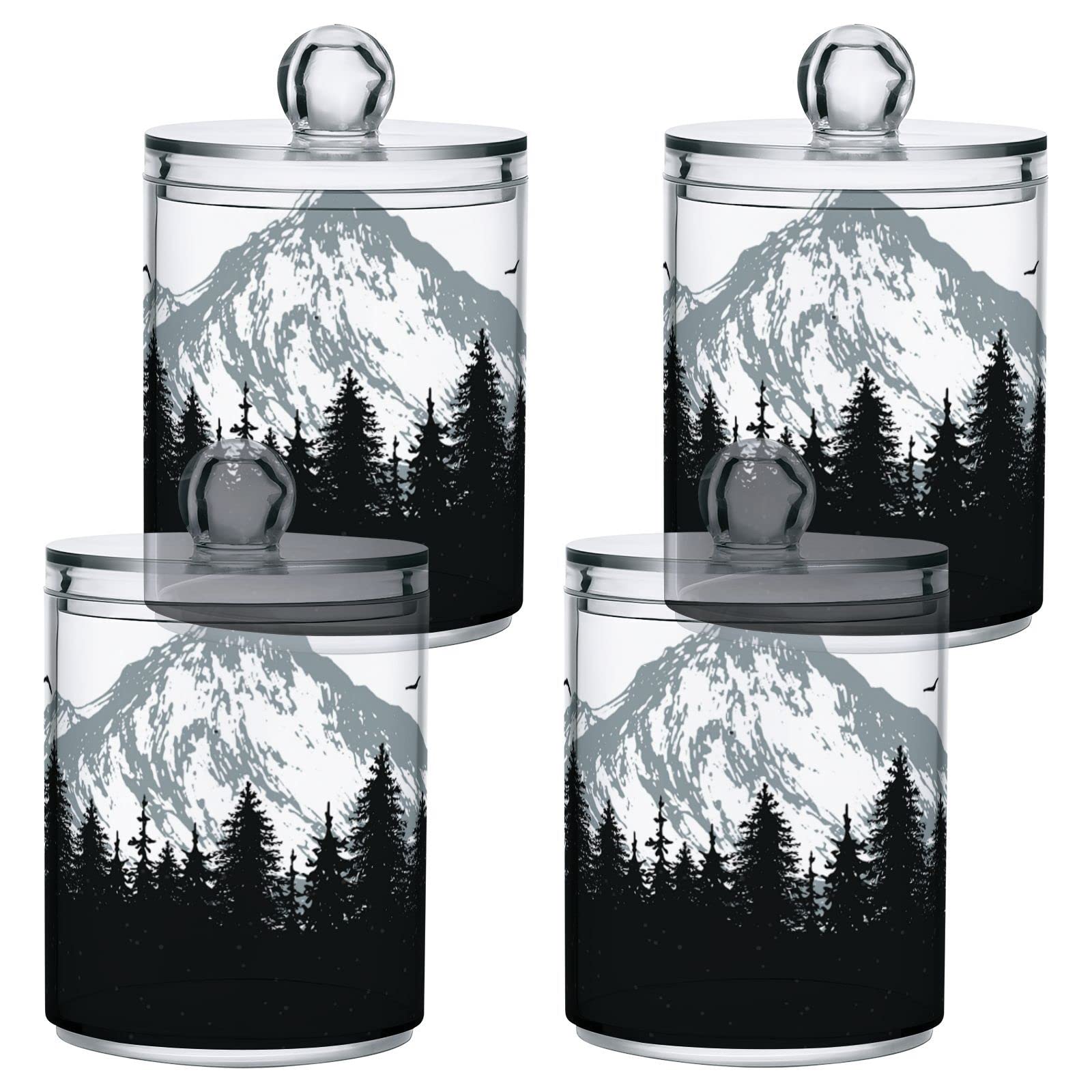 KEEPREAL Nature Mountains and Forest Qtip Holder Dispenser with Lids, 4PCS Plastic Food Storage Canisters, Apothecary Jar Containers for Vanity Organizer Storage
