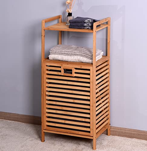 Bamboo Tilt-Out Laundry Hamper Cabinet Free-Standing Ventilated Dirty Clothes Organizer with 2-Tier Storage Shelf & Removable Fabric Bin for Bathroom, Bedroom, Living Room