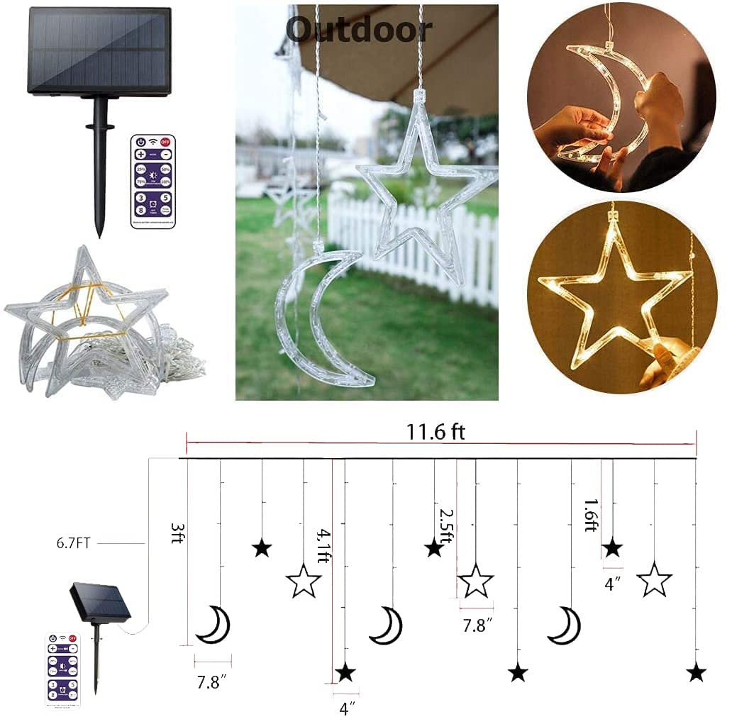 CSX Solar String Lights 138LED Moon Star Twinkle Lights with Remote 8 Lighting Modes Curtain Lights Window Lights Hanging Fairy Lights Outdoor Waterproof for Yard Garden Patio Ramadan Christmas Decor