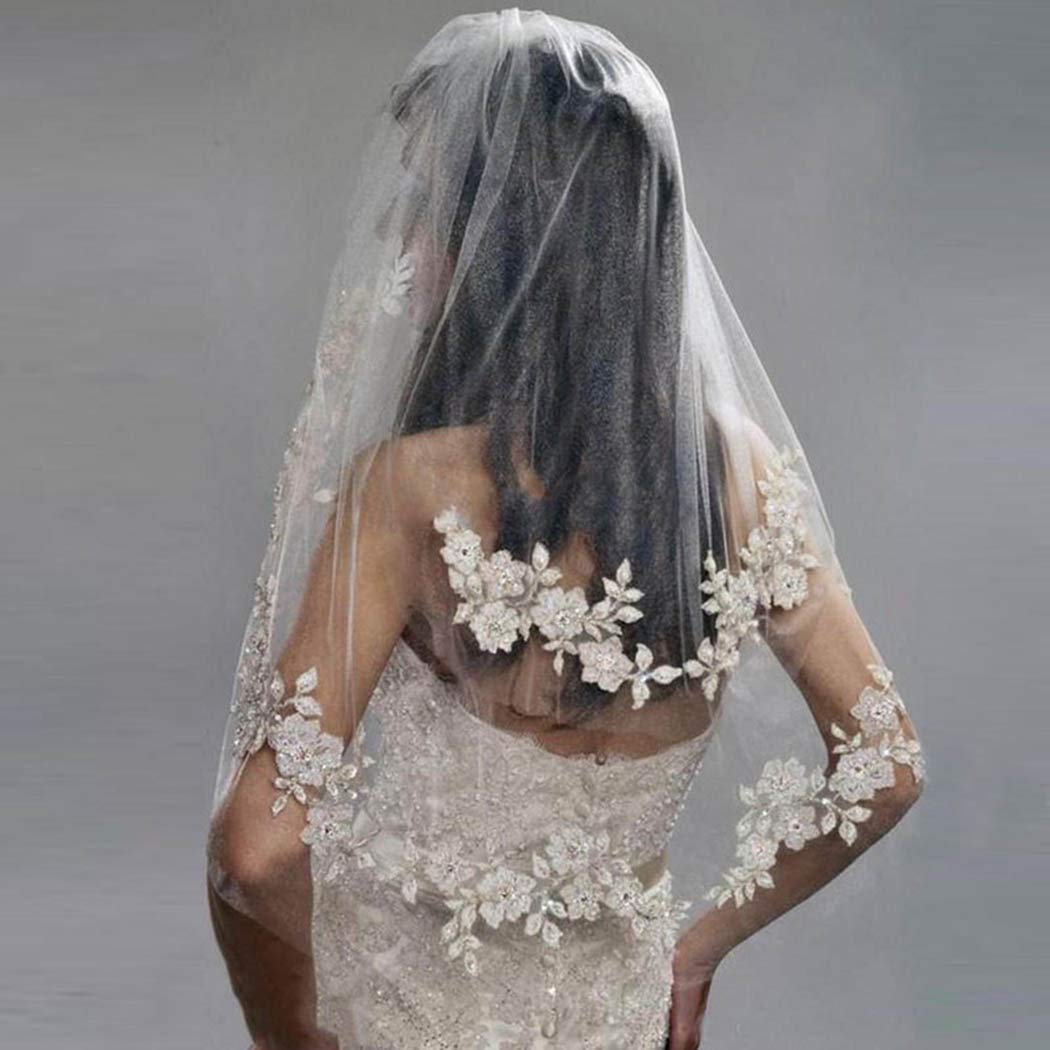 Acenail 2 Tiers Bride Wedding Veil Waist Veil Short Lace Edge Veil with Comb Bridal Tulle Hair Accessories for Brides(Ivory) (White)