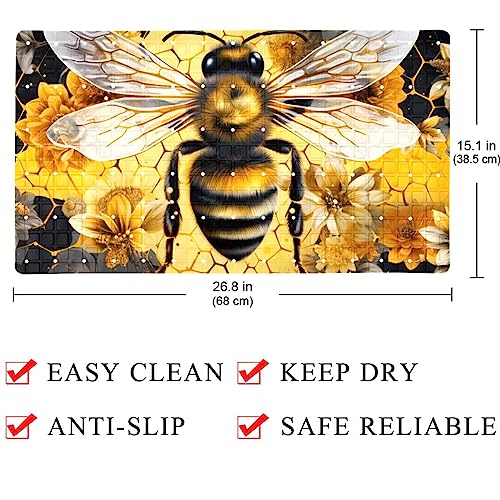 Bath Tub Shower Mat - Anti-Slip PVC Material 15.1x26.8 in, Gentle Cushioning Quick Drying Suction Cups Reliable Solution - Flowers and Lovely Bees Design Non-Slip Floor Mat