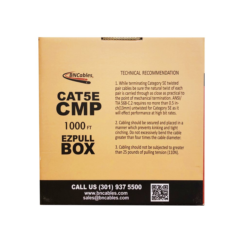 CAT5e (CMP) Plenum Cable, 1000FT | 24AWG 4Pair, 350MHz Solid Network Cable Unshielded Twisted Pair (UTP), Available in Blue, White, Gray & Black Color