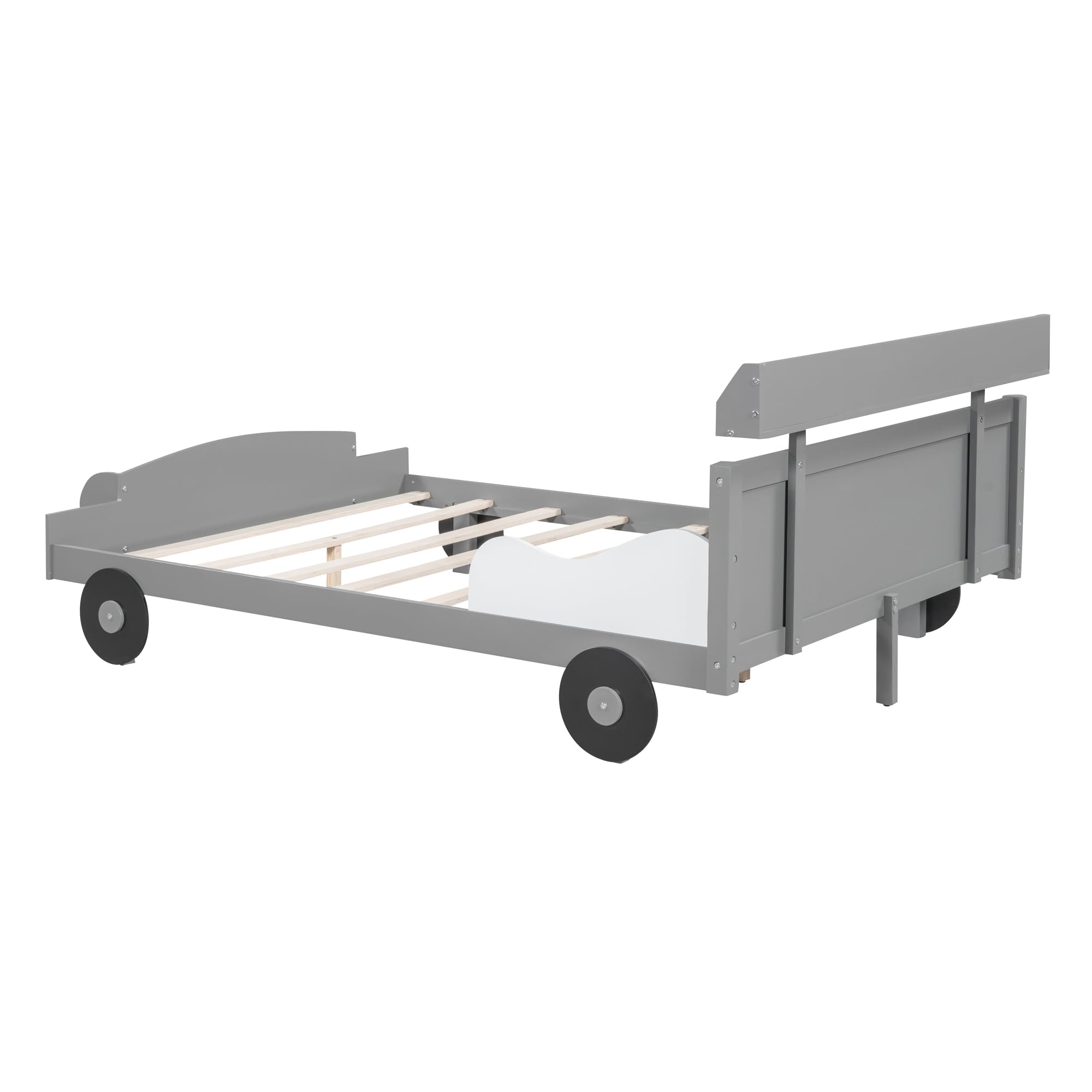 Race Car Bed Full Size, Wooden Low Bed Frame with Storage Headboard and Footboard, Playhouse Bed for Kids, Boys Girls, Gray