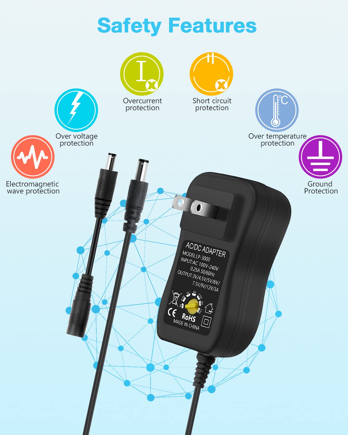Aclorol 36W Universal AC/DC Power Adapter 3~12V 3A Adjustable Power Supply 100V-240V AC to DC 3V-12V 9V 7.5V 6V 5V 4.5V 3V 3A 2.5A 2A 1A Converter Switching with Polarity Converter & 14 Tips