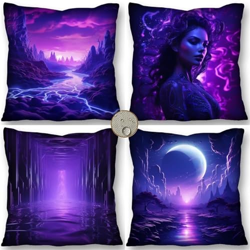 AI-Designed Moon Purple Throw Pillow Covers 55x55cm Set of 4 - Waterproof for Outdoor Use Farmhouse - for Living Room Bed Couch - Indoor Decorative Cushion Cases for Home Room Christmas Decorations