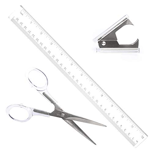 Silver Acrylic Lucite Bundle | Premium Stapler, Tape Dispenser, Scissors, Staple Remover, & Ruler Gift Set | Clear Stationery & Desk Accessories | Modern, High End, Chic, Luxury Office Goods
