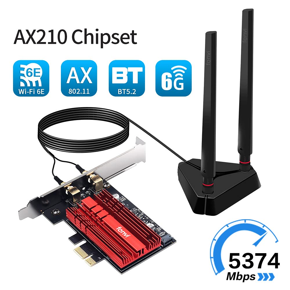 WiFi 6E AX210 (AXE5400) PCIe WiFi Card for Gaming PC Tri-Band PCIe Wireless Adapter for Desktop with High Speed Extended Pro Base Dual Antennas Bluetooth 5.3(USB Port),MU-MIMO, OFDMA for Win 11/10