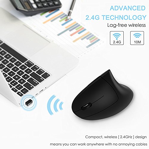 Lekvey Left Handed Mouse, Wireless 2.4 GHz USB Lefty Left Hand Ergonomic Vertical Mouse, Less Noise - Black