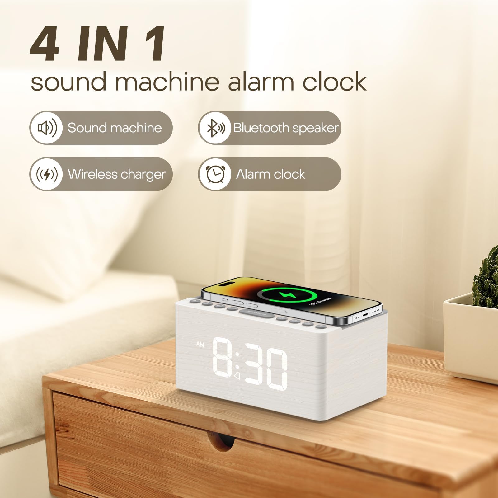 ANJANK Wooden Sound Machine Alarm Clock for Bedroom, Bluetooth Speaker, Wireless Charging Station for iPhone/Samsung, Sleep Timer, 0-100% Dimmer, White Noise Machine for Sleeping Adults with 20 Sounds