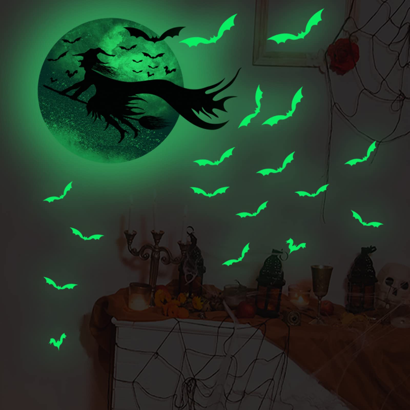 Halloween Decoration Sticker Glow in The Dark Bedroom Decals for Decoration Wall Sticker Visualization Luminous Stickers (Witch/Bats)