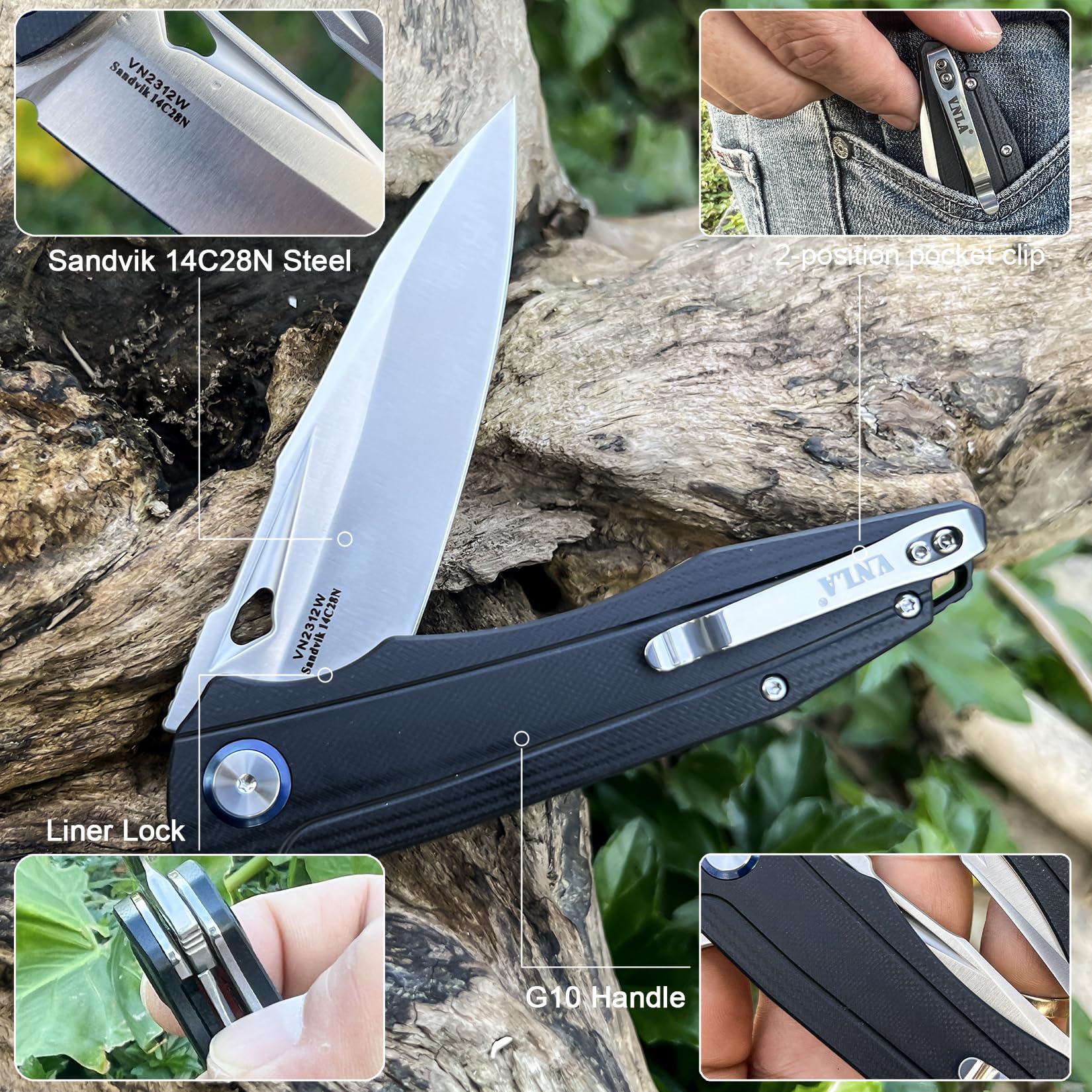 VNLA Praxis Flipper folding Pocket Knife,Sandvik 14C28N Steel Blade,G10 Handle,with Pocket Clip for Men Women. Sharp Work Hiking Camping Knives. (Sanding blade surface)