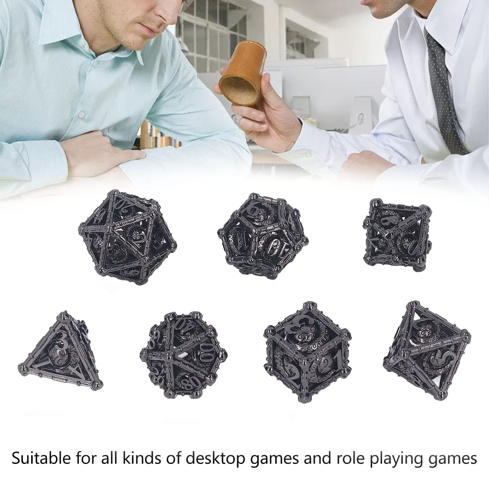 7pcs Hollow Polyhedral Dice Set, Hollow Design, Mellow Corner, Brass, Adult Christmas Party Board Game Dice Props for Role Playing Game