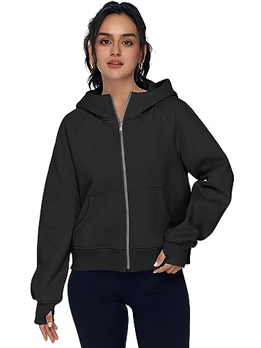AUTOMET Womens Black Hoodie Fleece Zip Up Jackets Cropped Oversized Sweatshirts Zipper Coat Trendy Pullover Fashion Outfits Winter Clothes