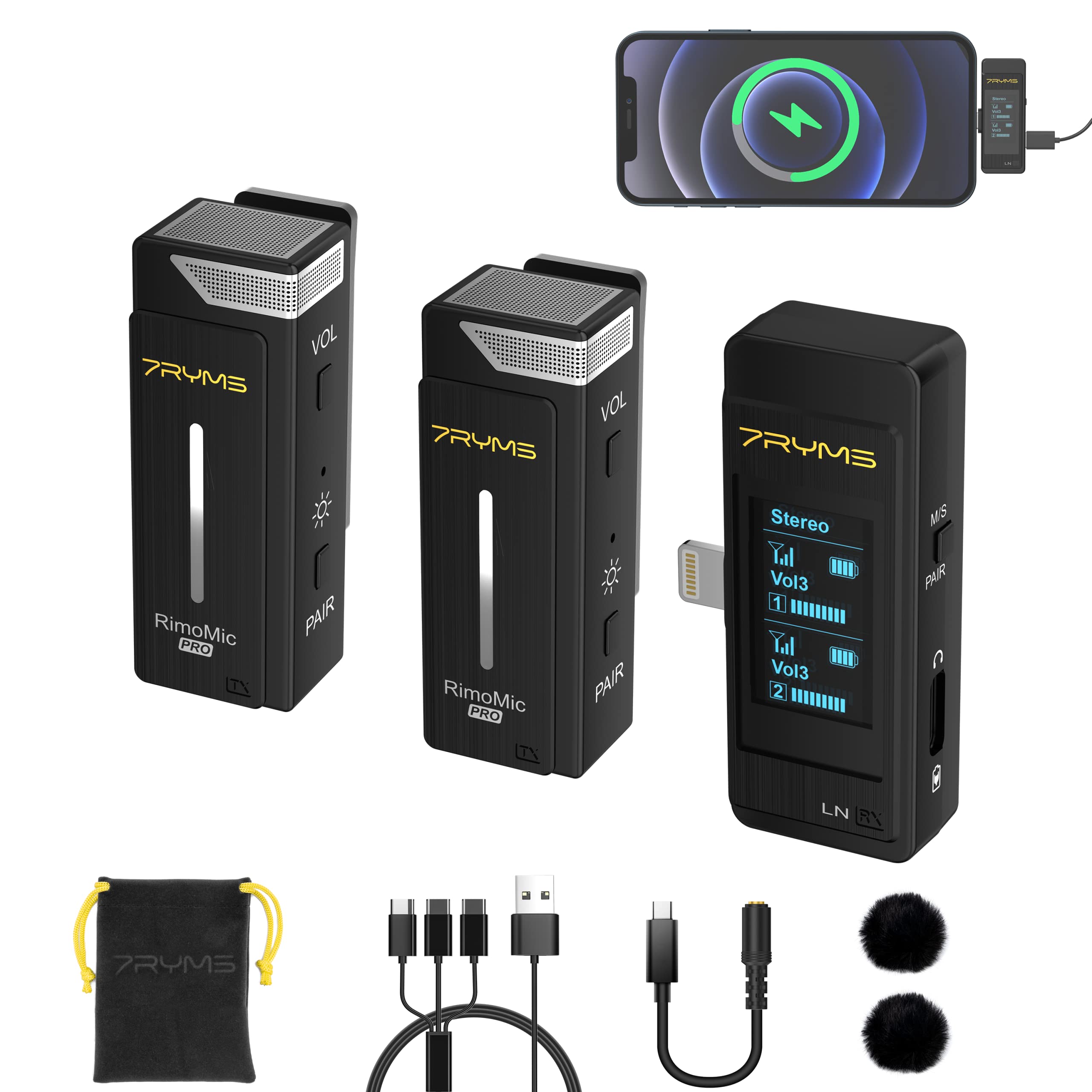 7RYMS 2.4G Wireless Microphone for iPhone iPad, RimoMic Pro Wireless Lavalier Microphone System with Pass-Through Charging, Perfect for Live Stream, Vlogging, and Video Recording