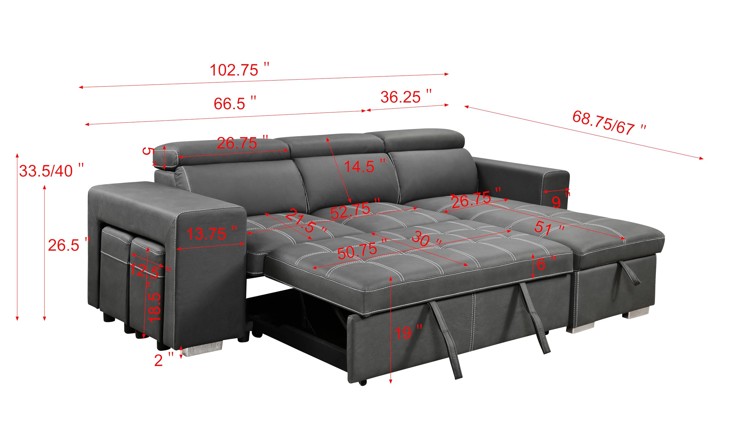 Ball & Cast 105" Sofa Bed with Storage Chaise and 2 Stools,Corner Convertible Sleeper Sectional Couch W/Adjustable Headrest,for Living Room,Apartment,Grey