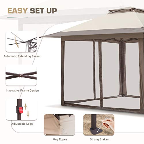 EAGLE PEAK 13x13 Pop-Up Gazebo Tent Instant w/Mosquito Netting,Outdoor Gazebo Canopy Easy Set-up Folding Shelter (Beige/Brown)