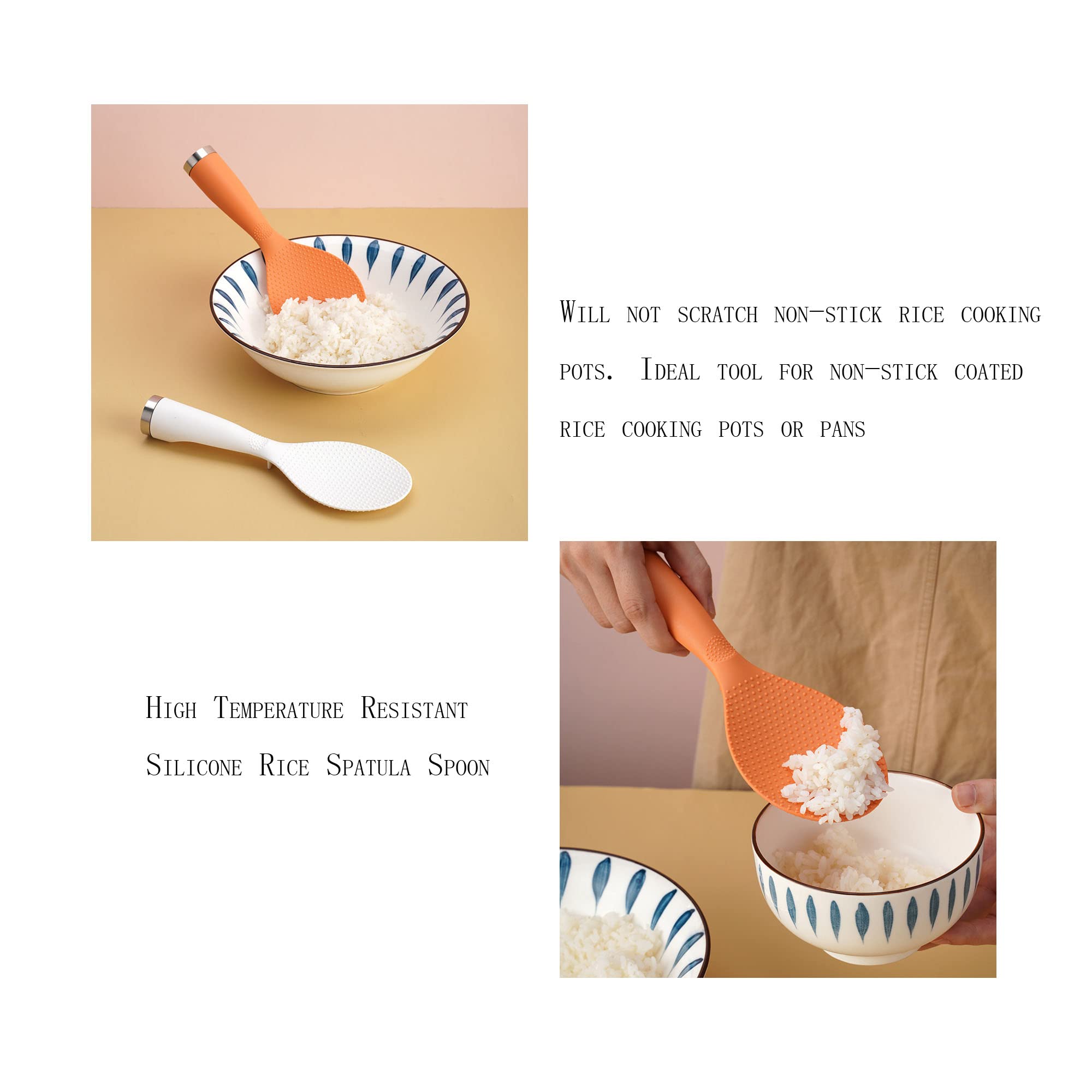 Kitchen Gadget Silicone Rice Spoon High Temperature Resistant Silicone Rice Spatula Spoon Paddle Scoop Cooking Vertical Non stick (White +Orange)