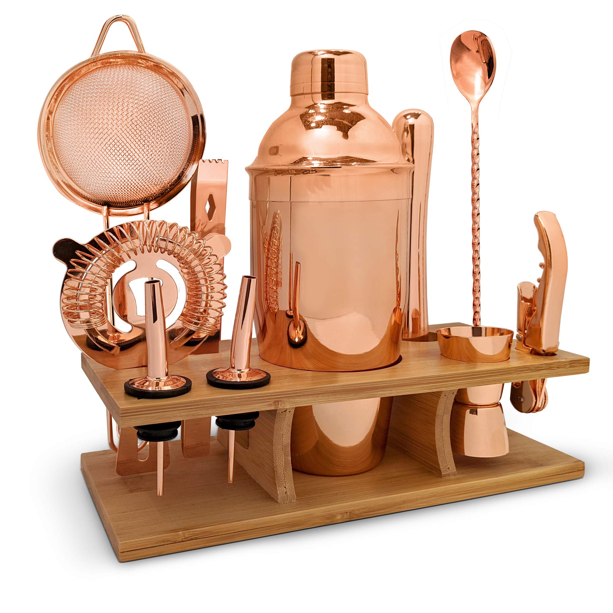 Bartender Kit, Rose Copper Cocktail Shaker set, 11-Piece Set, 24oz Martini Mixer, Muddler, Double Jigger, 2 Liquor Pourers, Mixing Spoon, Ice Tong, Strainer Set, Beer and wine opener with Bamboo Stand