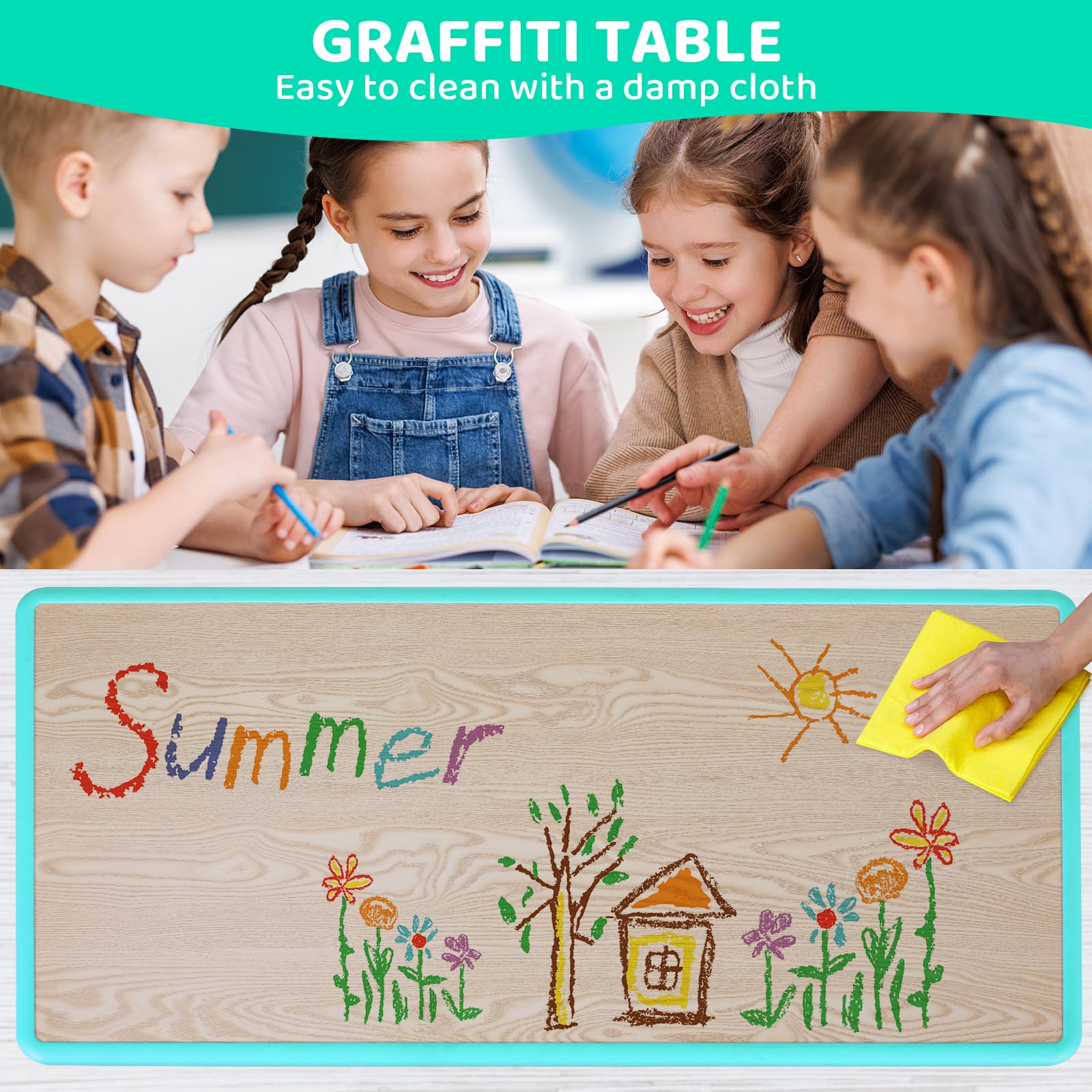 Arlopu Kids Table and 6 Chairs Set, Height Adjustable Graffiti Table, Preschool Activity Art Craft Table, for Daycare Classroom Home Boys and Girls Age 3-12 (Light Green)