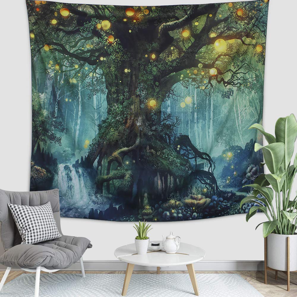 ARFBEAR Forest Tapestry, Nature Tree Popular Elves Wall Hanging Tapestry Warm Green Beach Blanket (Large-79x 59 in)