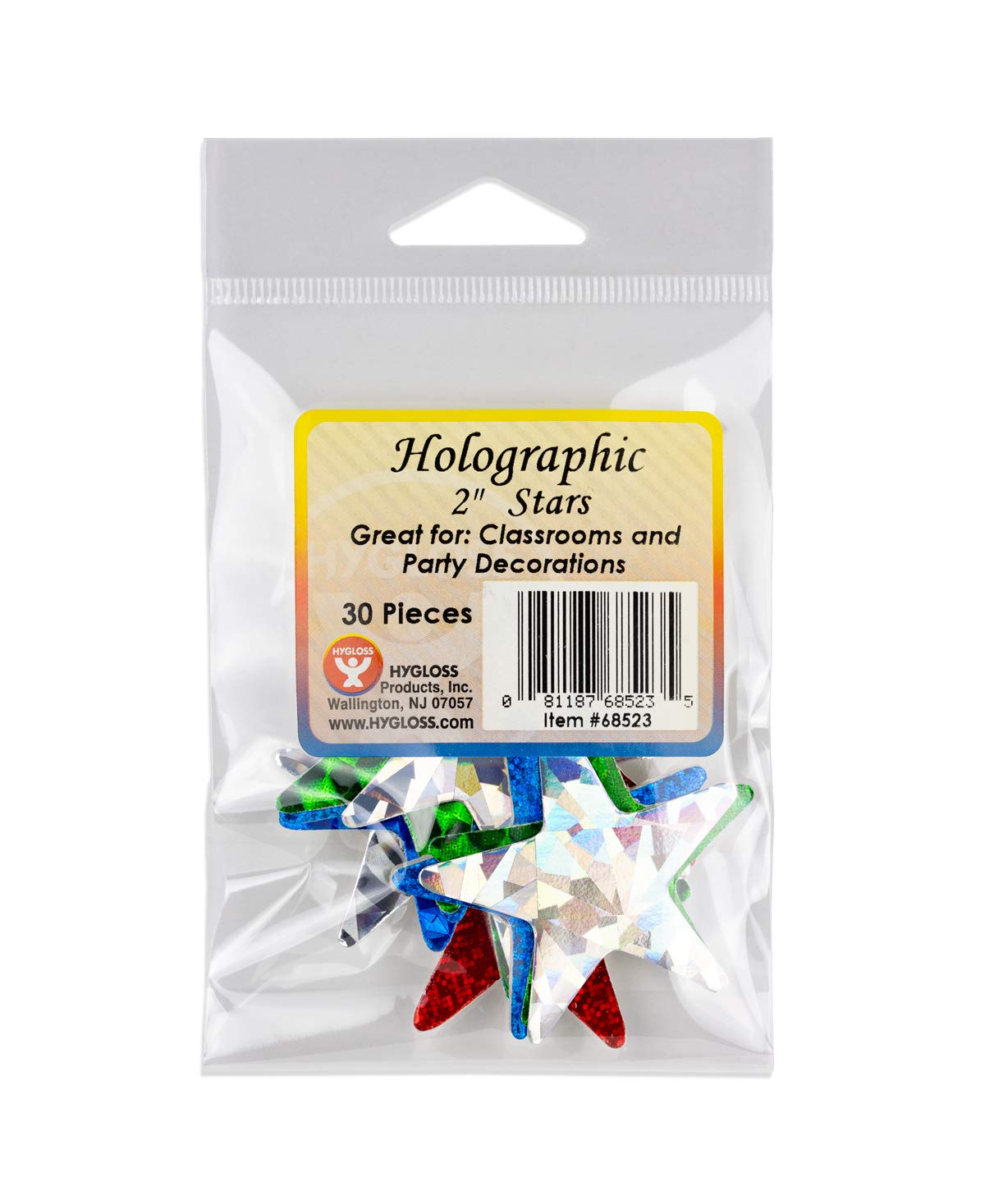 Hygloss Products Holographic Shape Cut-Outs, Sparkly Card Stock Stars in Assorted Designs and Colors, 2-Inch, 30 Per Pack