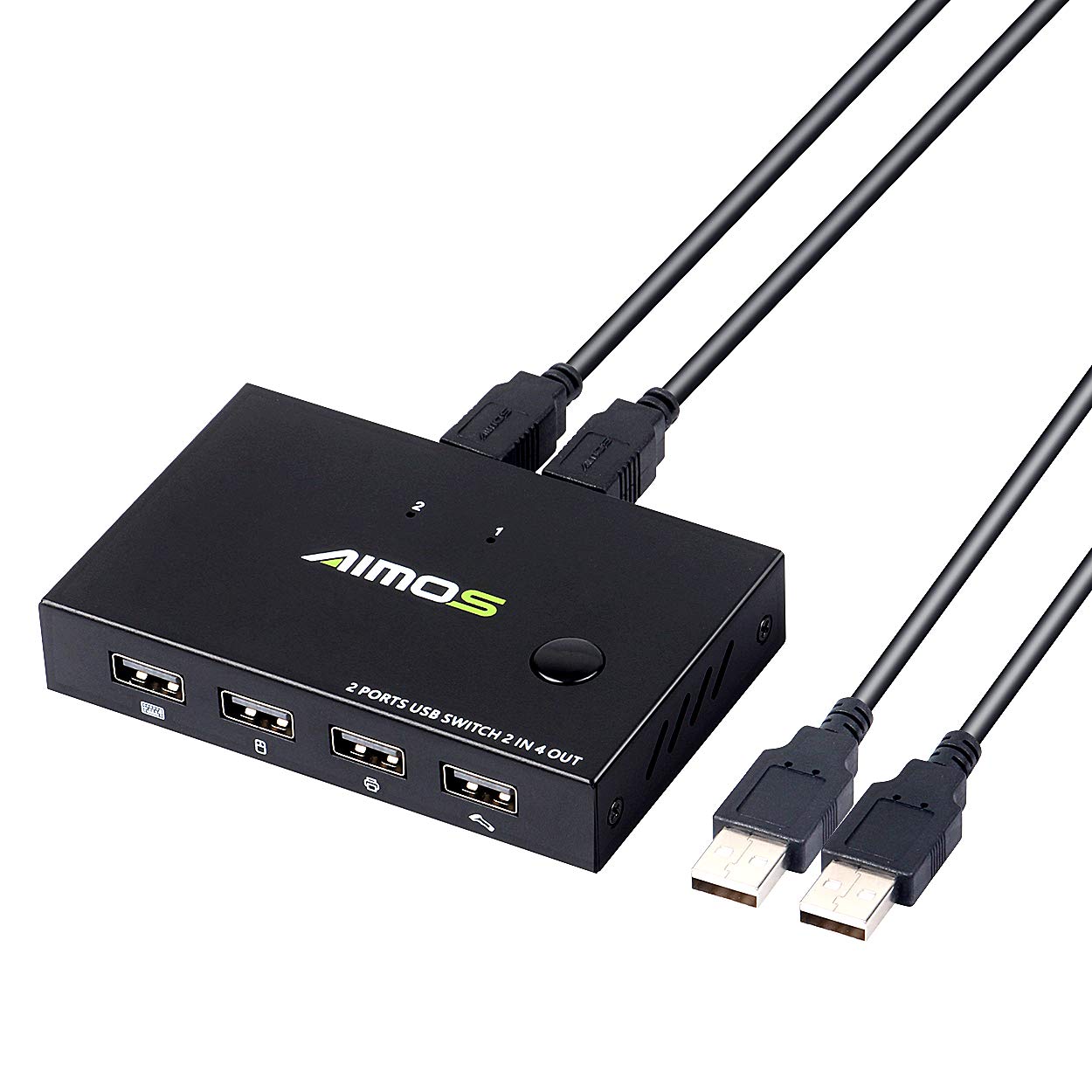 AIMOS USB Switch Selector 2 Port, USB KVM Switcher 2 Computers Sharing 4 USB Devices One-Button Swapping, for Share Mouse, Keyboard, Printer, Scanner, with 2 USB Cables