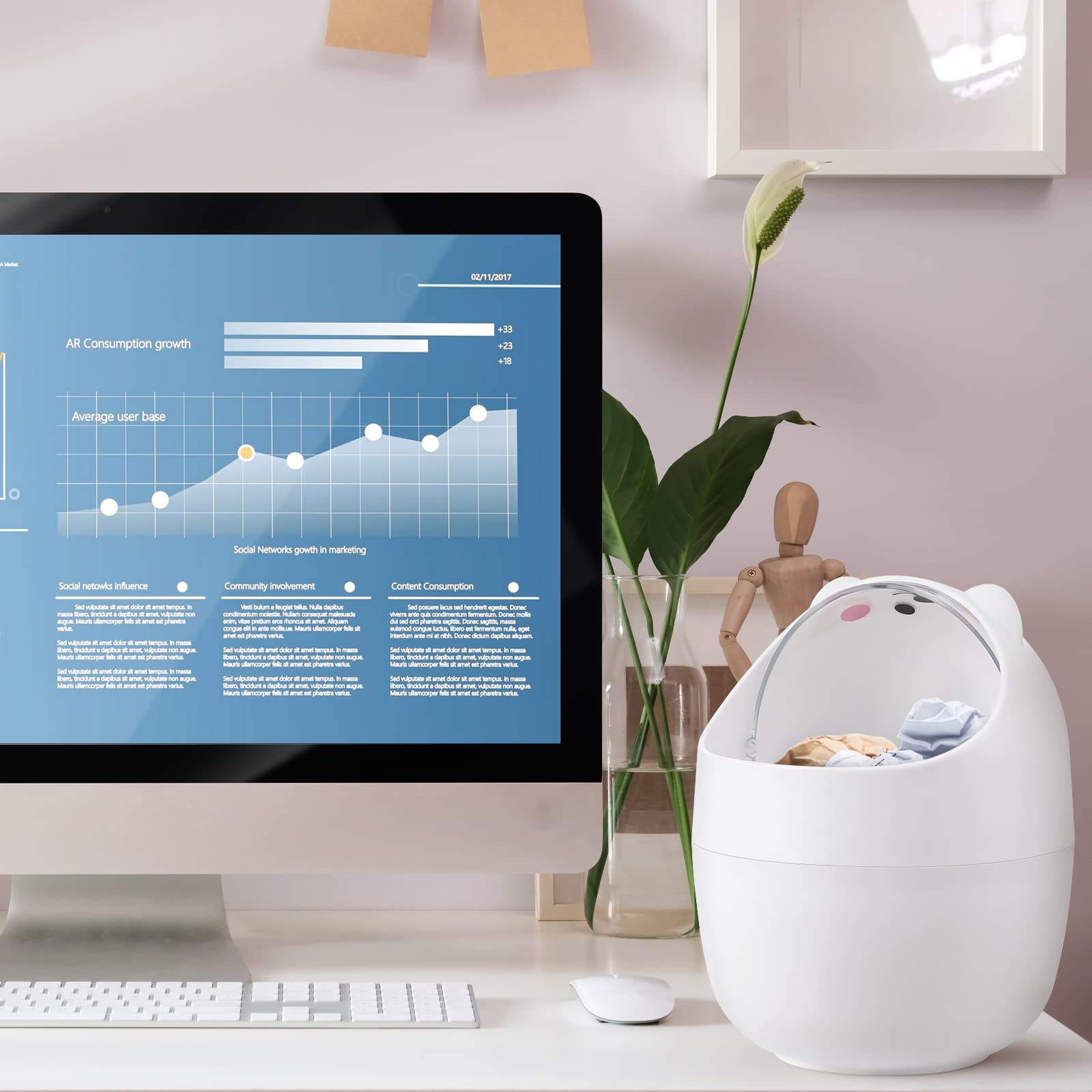 Veemoon Desktop Mini Trash Bin with Shake Lid Cute Trash Can Countertop Garbage Storage Bucket Wastebaskets Small Waste Bin for Desk Car Office Kitchen- White