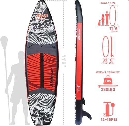 A&BBOARD Paddleboard Inflatable Paddle Board,ISUP 11'5''x32''x6'' Stand Up Paddle Board Standing Boat for Adult, Inflatable Paddle Boards for Adults 350lbs Capacity,15PSI Pressure(Black & Red)