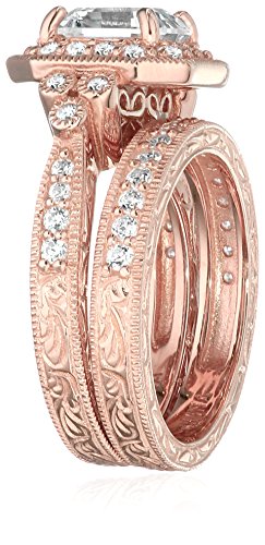 Amazon Essentials Rose Gold Plated Sterling Silver Infinite Elements Cubic Zirconia Asscher Antique Wedding Ring Set, Size 9 (previously Amazon Collection)