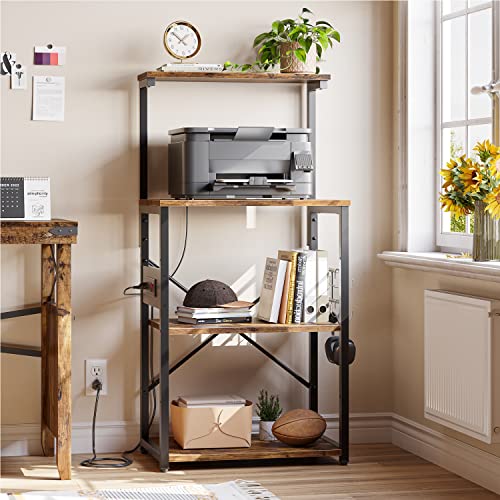 Bestier Bakers Rack with Power Outlet, 4-Tier Kitchen Microwave Stand, Coffee Bar with 6 S-Shaped Hooks, Rolling Storage Shelf Rack with Adjustable Shelf for Kitchen, Living Room - Rustic Brown