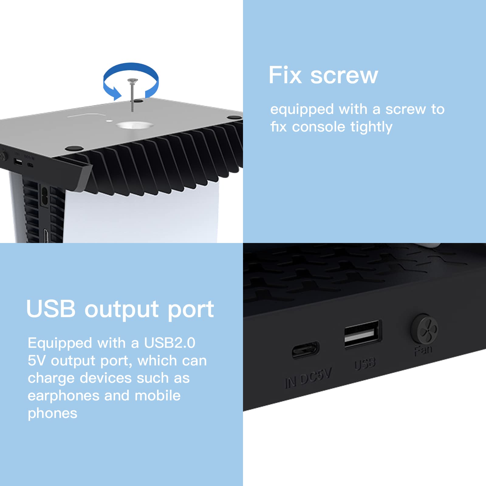 Goluodck PS5 Stand with Suction Cooling Fan and Dual Controller Charger Station for Playstation 5 PS5 Console, Suction Cooler Fan with Charging Dock Station and 12 Games Storage