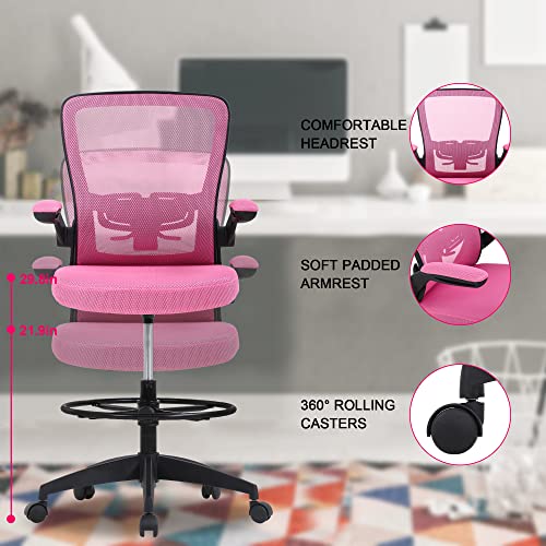 Drafting Chair Tall Office Chair Mid-Back Mesh Ergonomic Computer Chair High Adjustable Standing Desk Chair with Lumbar Support Adjustable Foot Ring and Flip-Up Arms (Pink)