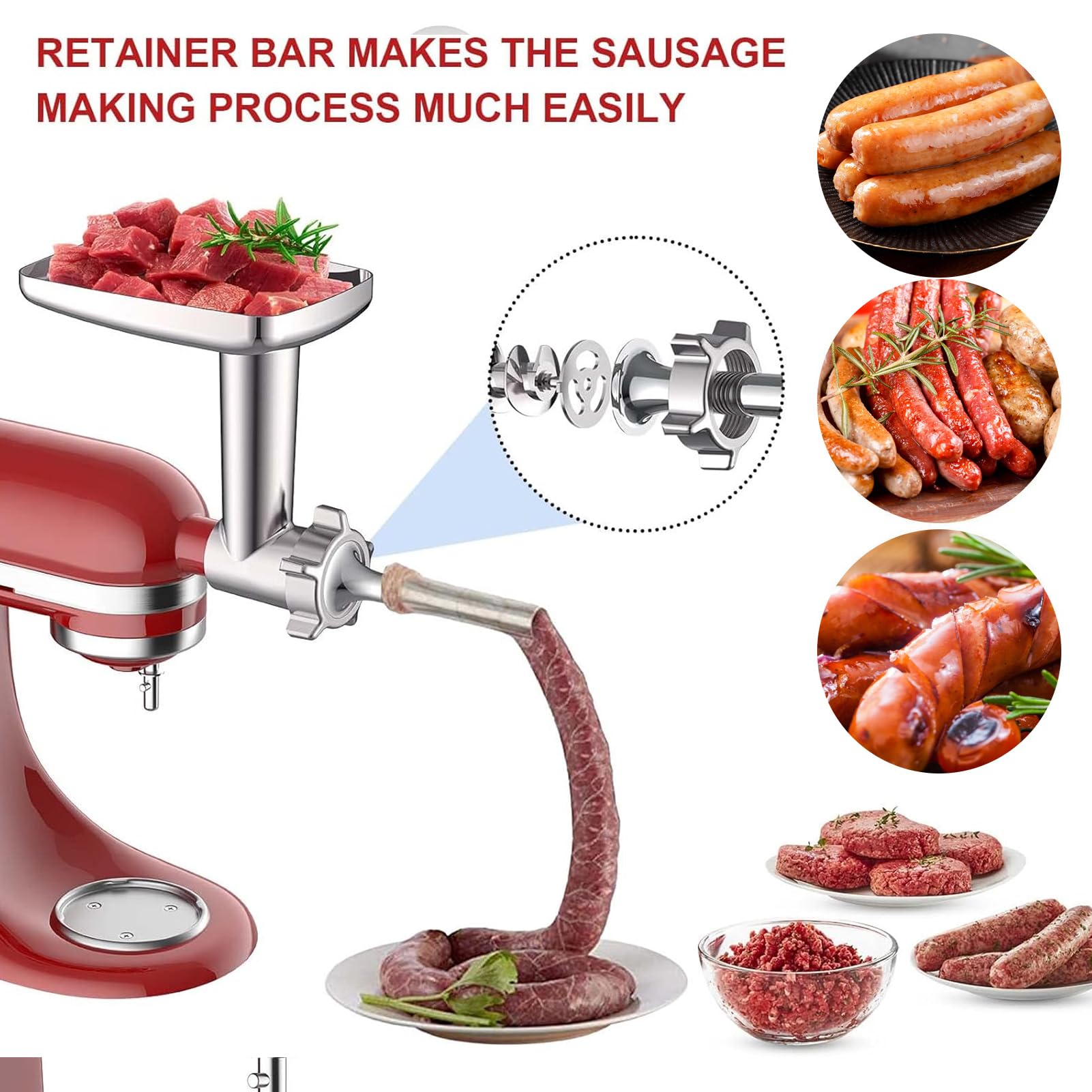 Metal Food Grinder Attachments for KitchenAid Stand Mixers, Meat Grinder, Sausage Stuffer, Meat Grinder for Kitchenaid Mixer, Includes 4 Grinding Plates, 3 Sausage Stuffer Tubes, 3 Grinding Blades