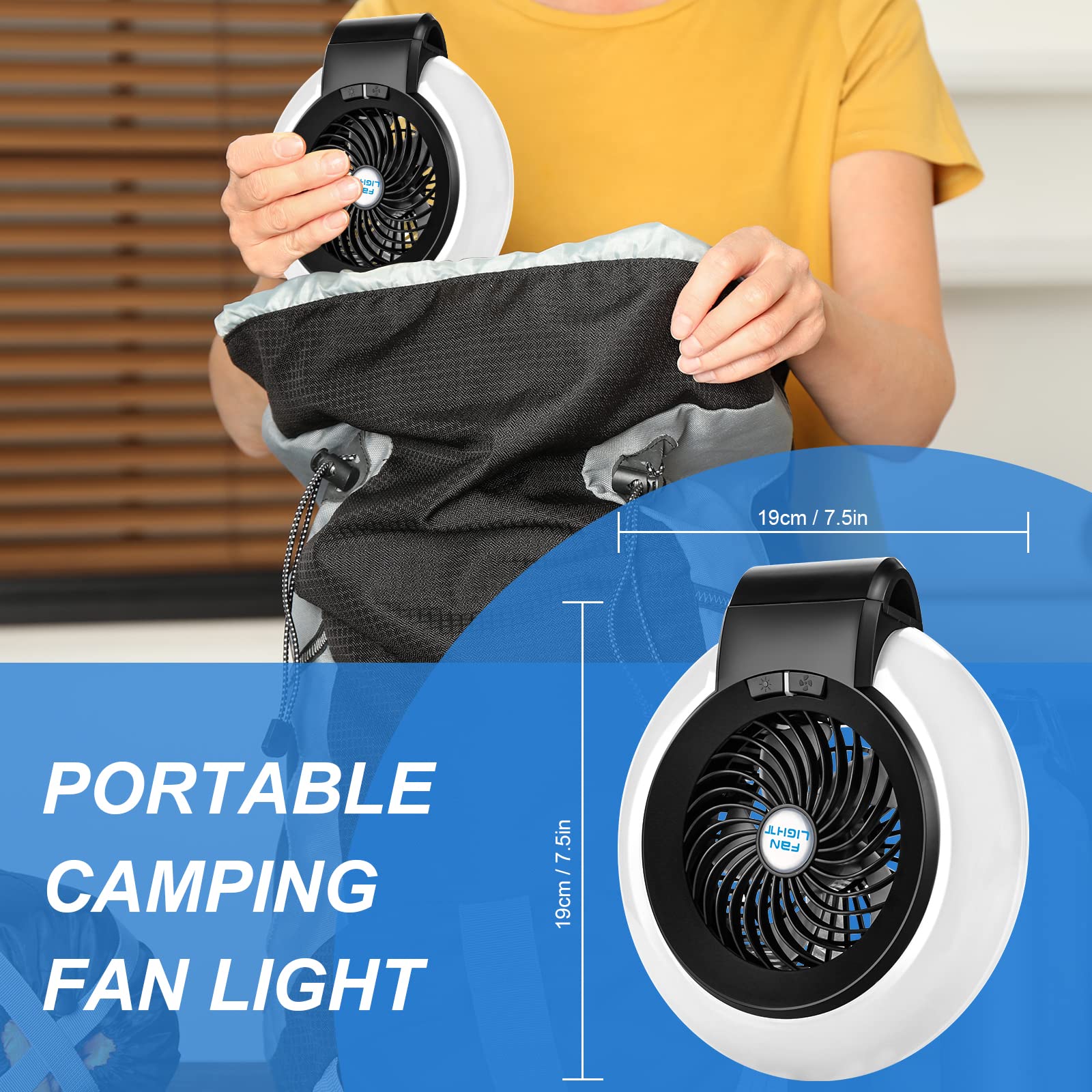 Camping Fan Light , Portable Camping Lantern with Fan ,Rechargeable Multi-Use Camping Fan with Built-in 21 High-Brightness White Lights for Tents, Hiking, Home, Office