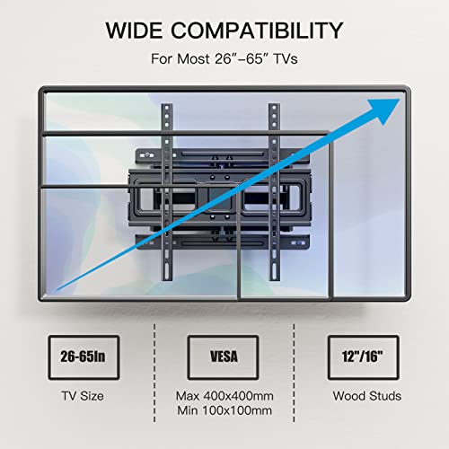 TV Wall Mount Full Motion Articulating Swivel Extension for Most 26-65 Inch Flat Curved TVs with Max VESA 400x400mm up to 88lbs, Wall Mount TV Bracket fits 12,16 inch Wood Stud by Pipishell