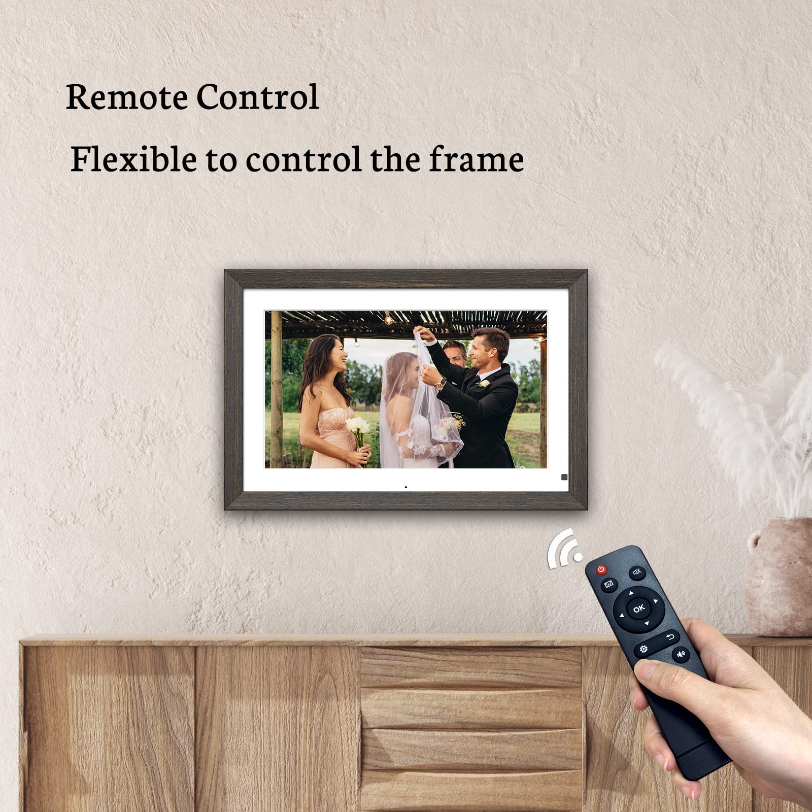 BSIMB 32GB 13.3 Inch Wood-Effect WiFi Digital Photo Frame HD IPS Touch Screen Smart Large Picture Frame with Remote Control, Auto-Rotate, Wall Mountable, Easy to Share Photos & Videos via App & Email