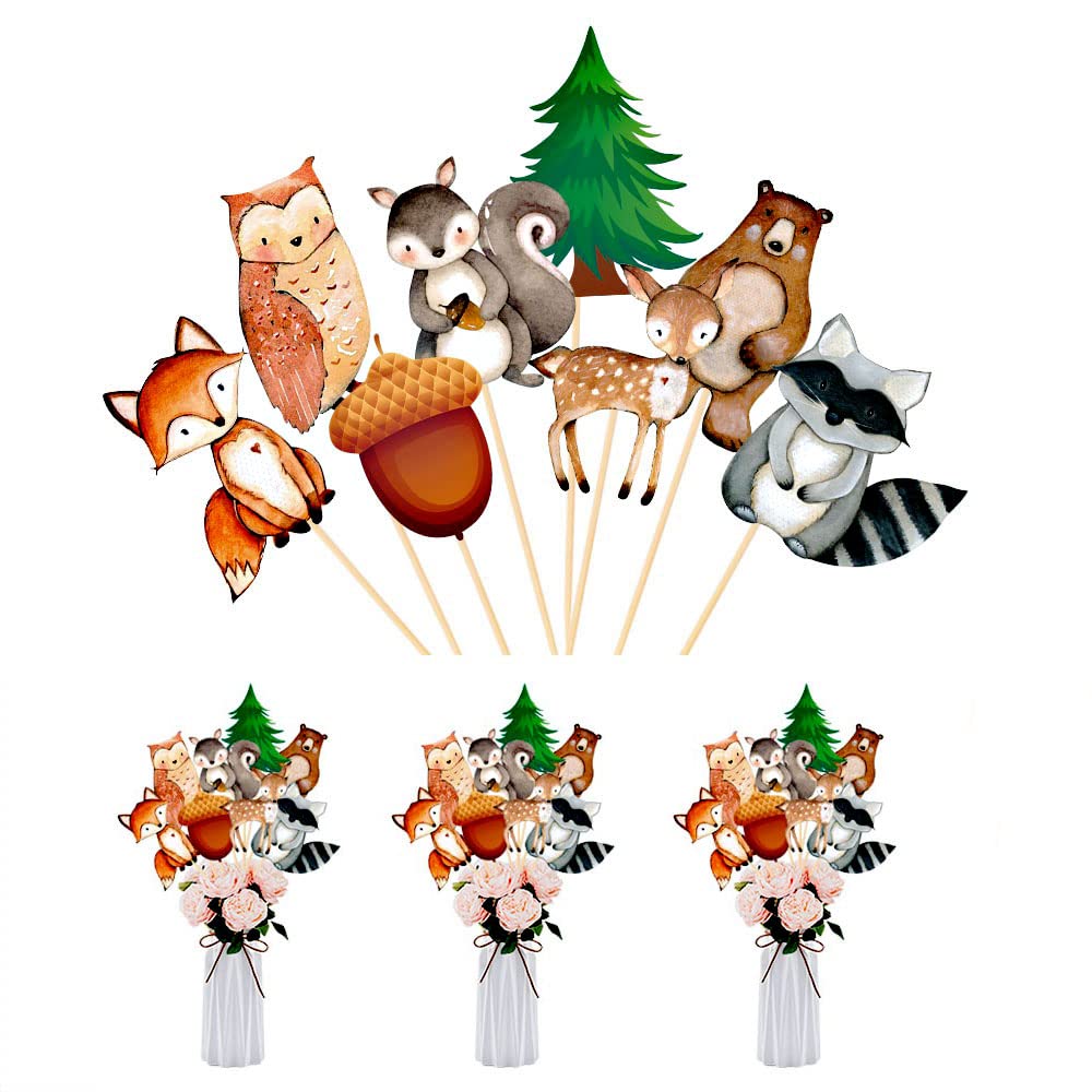 yuuzue 24pcs Woodland Animals Cake Topper, Baby Shower Decorations, Double-Sided Printed Forest Friends Centerpiece Sticks for Wild One Camping Party Supplies