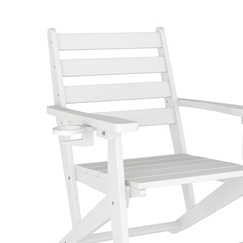 Flash Furniture Tolleson Adirondack Dining Chair with Cup Holder, Commercial Weather Resistant Recycled HDPE Adirondack Chair, Fold Out Cupholder, White