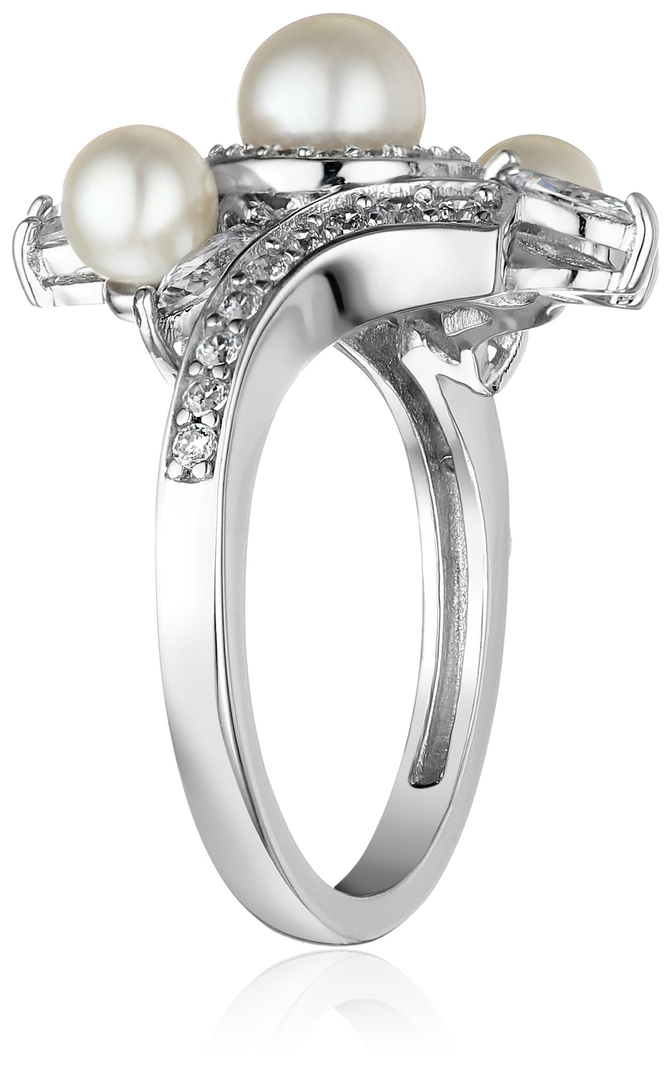 Amazon Essentials Platinum-Plated Sterling Silver Infinite Elements Cubic Zirconia Bypass Freshwater Cultured Pearl Ring, Size 7, (previously Amazon Collection)