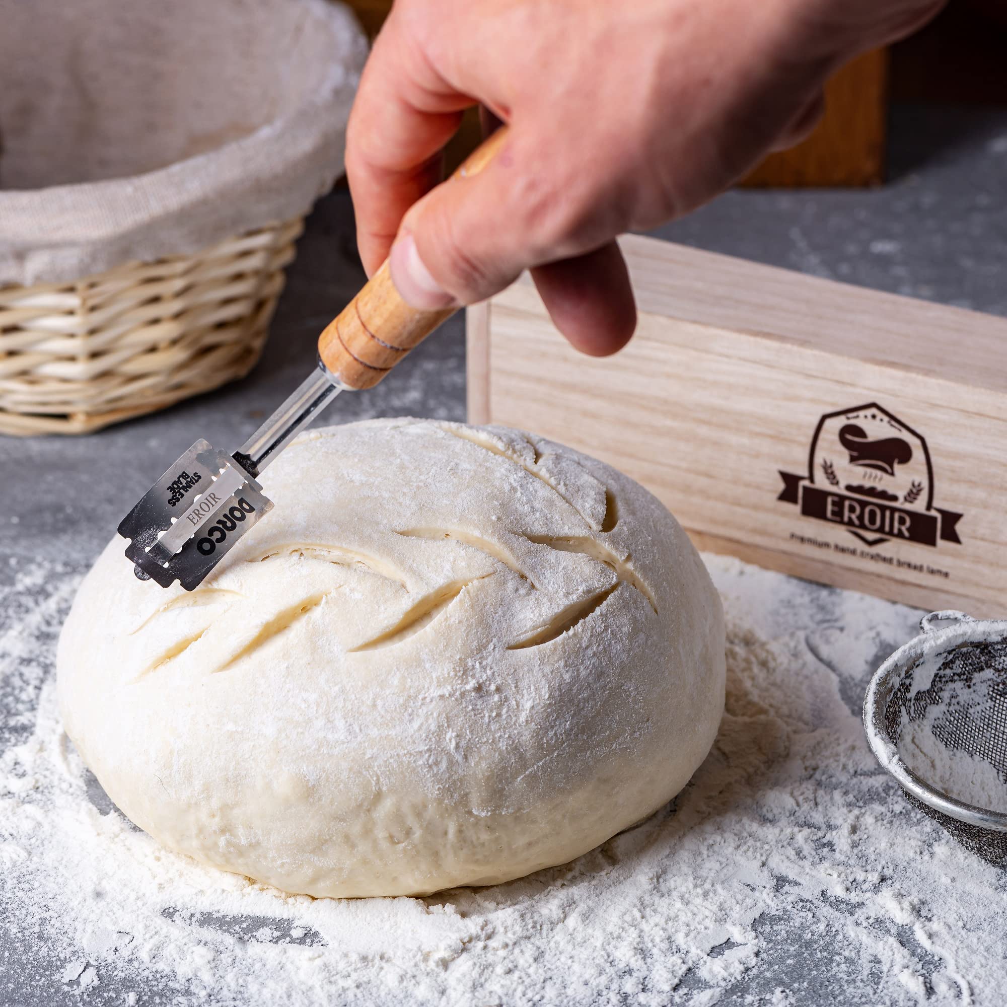 EROIR Hand Crafted Bread Lame Dough Scoring Tool in Wooden Storage Box for Sourdough Bread Baking - Dough Scoring Knife with 10 Extra Blades and a Protective Leather Cover
