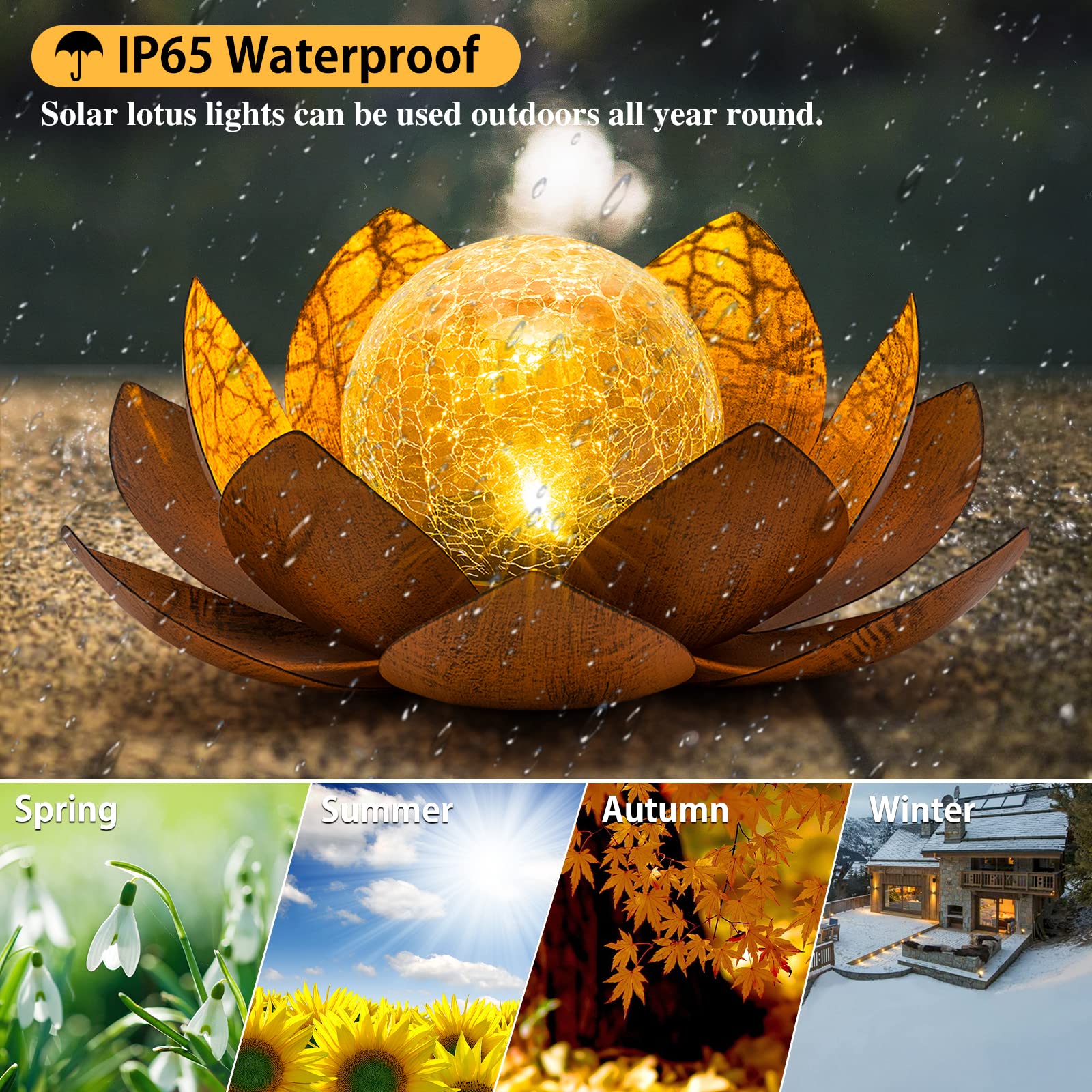 AIINY Solar Light Outdoor(2Pack), Art Crackle Globe Glass Lotus Decoration, Solar LED Waterproof Metal Flower Lights for Patio,Lawn,Walkway,Tabletop